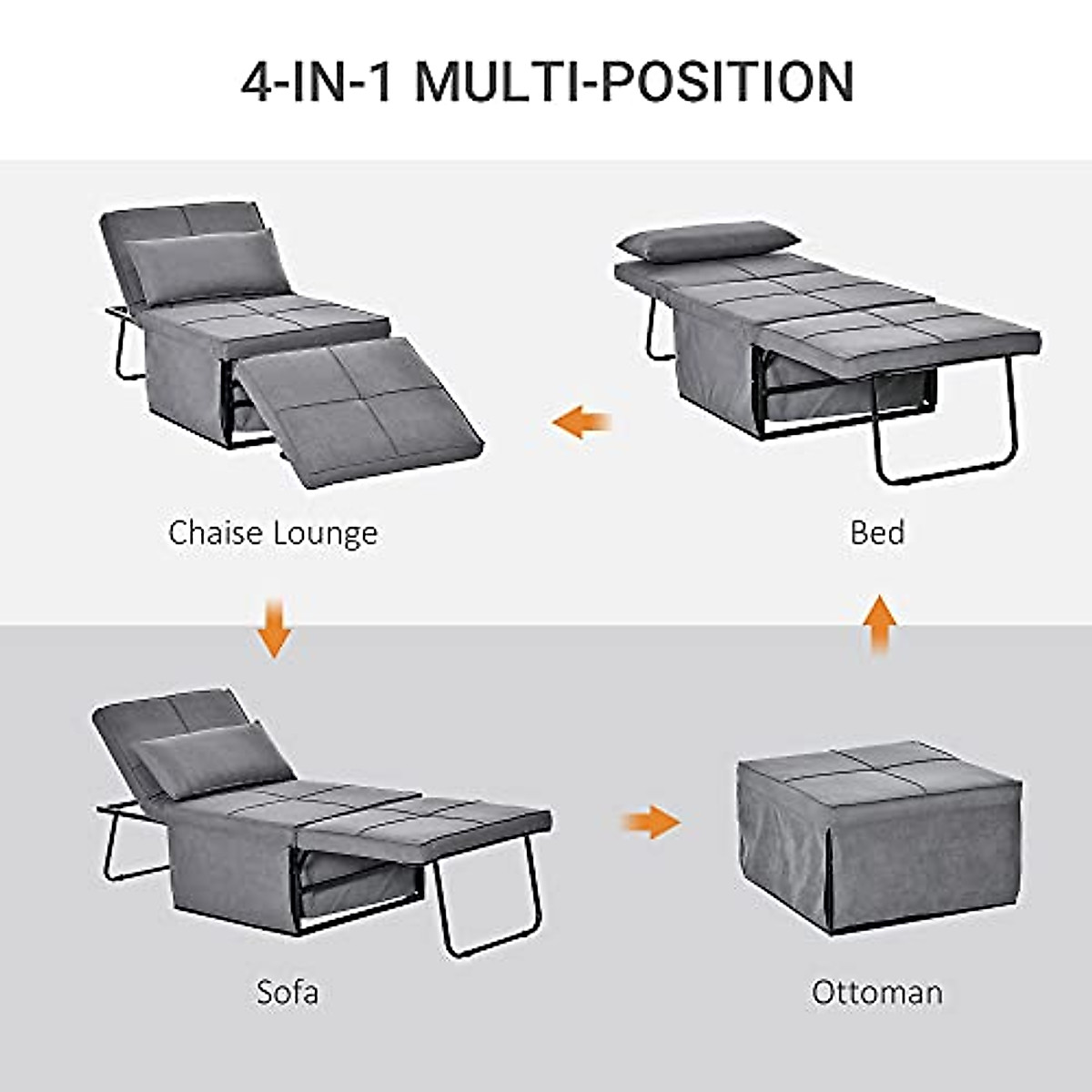HOMCOM 4-in-1 Multi Function Folding Single Sofa Bed with Retractable Footrest, Convertible Sleeper with Adjustable Backrest for Living Room and Small Spaces, Grey