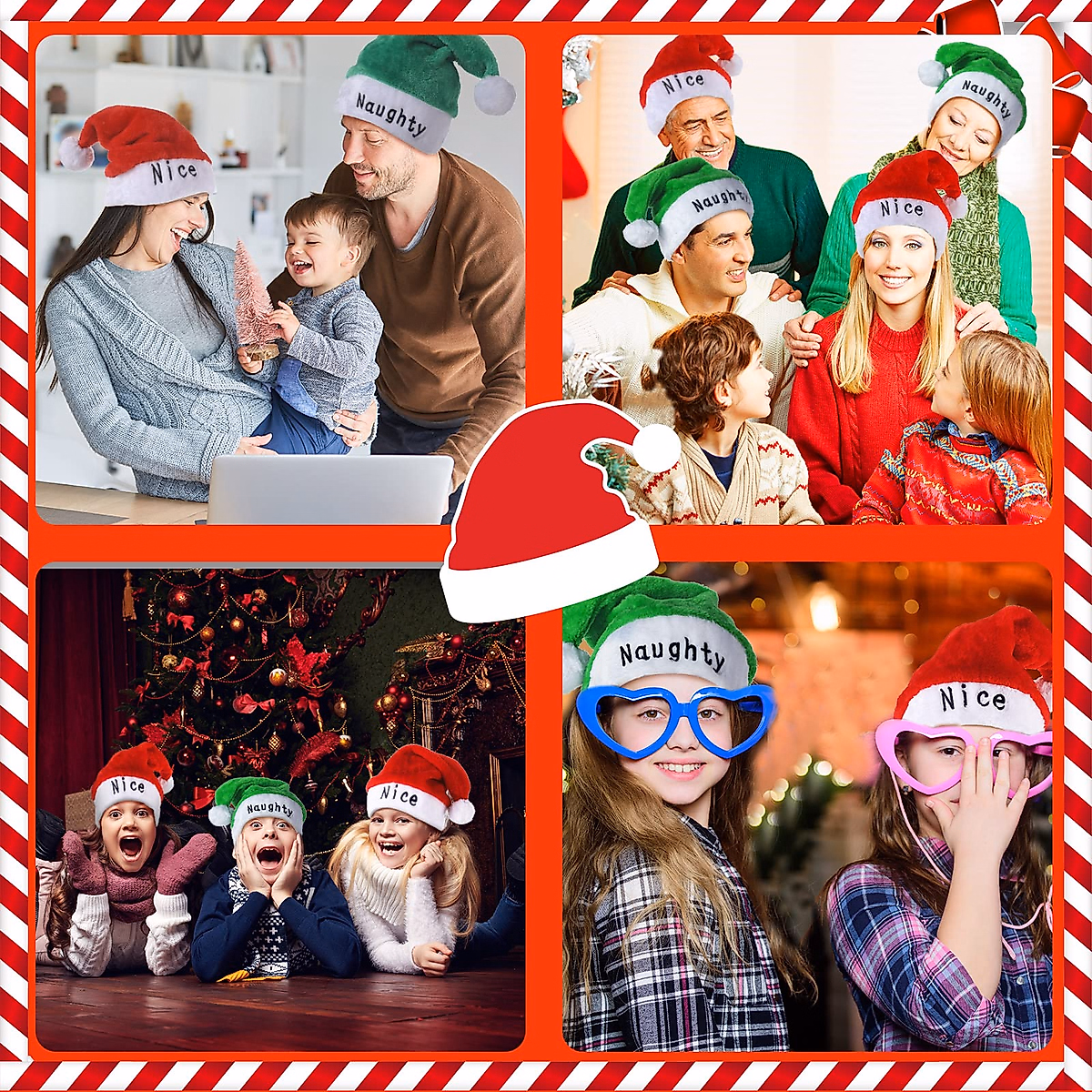 Newcotte 4 Pcs Christmas Naughty and Nice Santa Hats Adult Red and Green Christmas Hat for Women Holiday Xmas Party Supplies