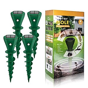 Solar Powered Mole Repellent for Lawns 4 Pack, IP65 Waterproof Mole Trap Gopher Repellent, Noiseless Design Vibration Stakes, Repel Outdoor Groundhogs Snakes Gophers Moles Voles Armadillo