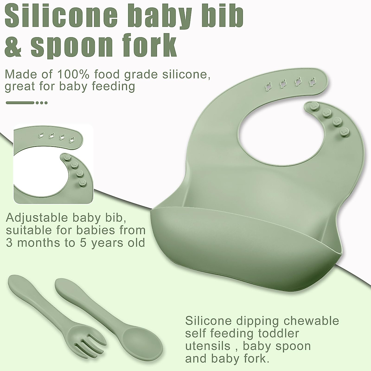 Potchen 14 Pack Baby Feeding Set, Silicone Baby Led Weaning Feeding Supplies with Suction Bowl Divided Plate Adjustable Bib Soft Spoon Fork Snack Cup with Lid Drinking Cup, Utensil (Army Green, Grey)