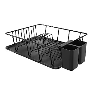 PINNIYOU Dish Drying Rack, Dish Rack with Drainboard and Utensil Holder for Kitchen Counter Cabinet, Black