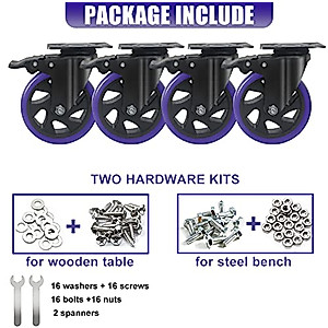 5 Inch Swivel Caster Wheels Set of 8, Heavy Duty Casters with Brake, Polyurethane Locking Casters for Cart, Workbench and Trolley-Load 2200lbs, Black(Two Hardware Kits)