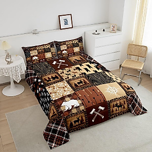 Bear Comforter Set Cute Elk Print Bedding Set for Teens Farmhouse Wild Animals Style Bedding Set Plaid Grid Geocmetric Brown Black Duvet Set Room Decor 2Pcs with 1 Pillow Case Twin Size