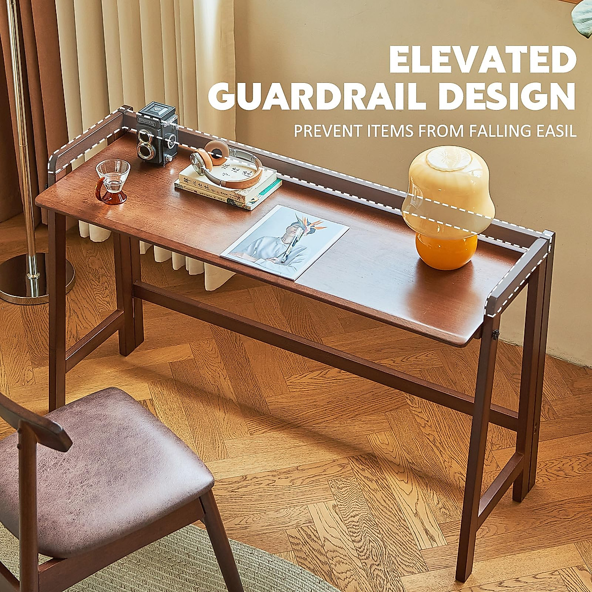 Solid Wood Folding Desk Mid Century Modern Desk, 47'' Foldable Writing Computer Desk for Home Office, Simple Study Makeup Workstation, Wooden Study Office Desk Table for Small Spaces, Walnut Color