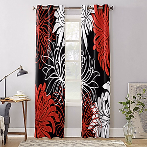 Black Out Window Curtains Floral Printed - 2 Panels Thermal Curtain Drapes Insulated Window Treatments for Bedroom Living Room, W 27.5 x L 39 inches Chrysanthemum Flower Red Black White, One Pair