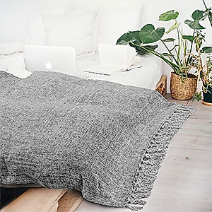 PAVILIA Chenille Tassel Fringe Throw Blanket | Velvety Textured Decorative Knit Throw for Sofa Couch Bed | Soft Boho Woven Cozy Lightweight Knitted Throw | Light Grey 50 x 60 Inches
