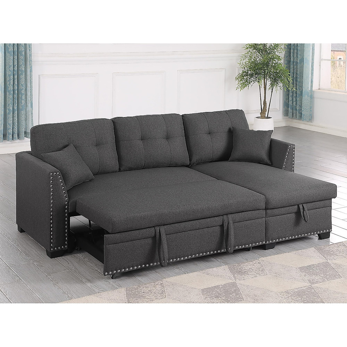 BEEY Convertible Sleeper Sofa Bed, 82" Small Sectional Sofa with Storage Chaise for Small Spaces, L Shaped Couch with Pull Out Bed for Bedroom, Living Room (Dark_Grey)