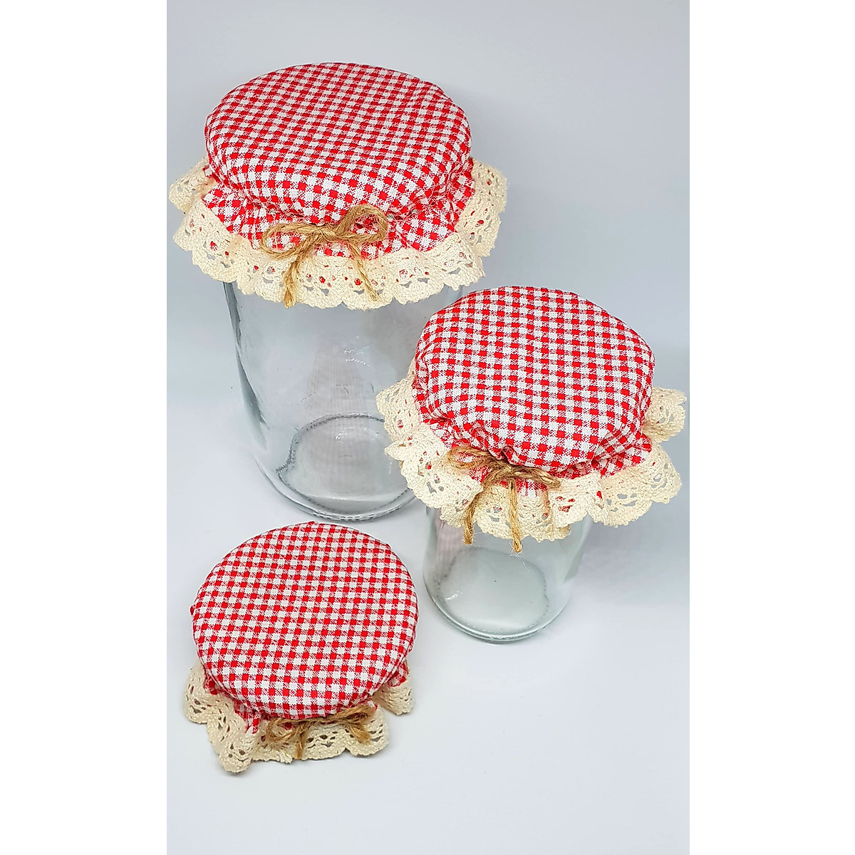 DLK - 10 pieces Elasticated Jar Cover Cloth - 100% Cotton Jar Cover Cloth - Stretchy Red Gingham (Checkered) Pattern - Breathable Fermentation Lid Bowl - Reusable Elastic Cloth Jar Covers