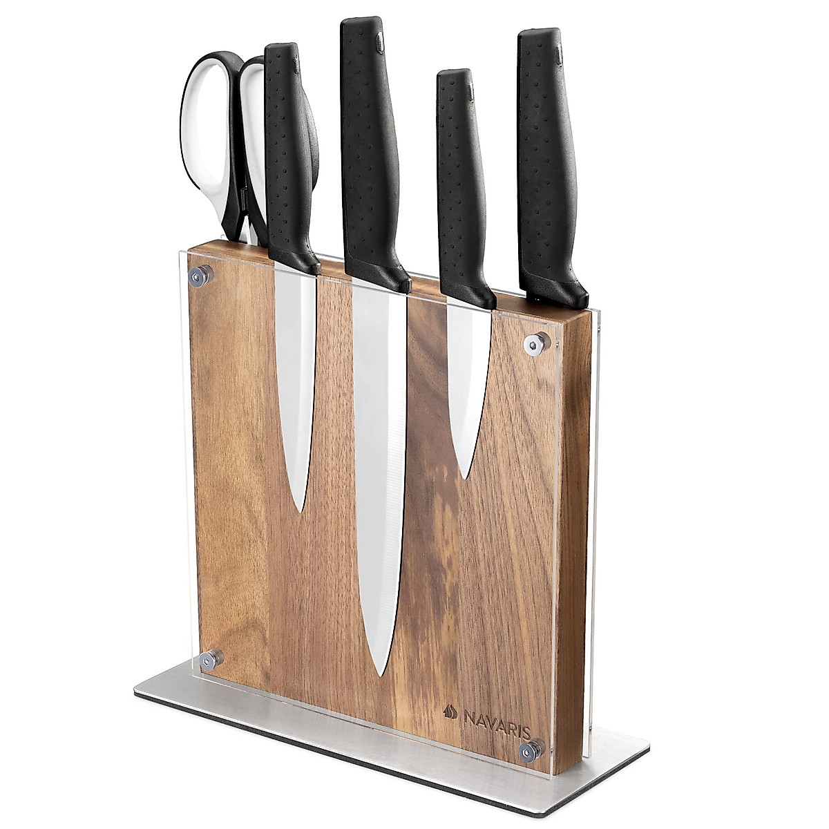 Navaris Magnetic Knife Block - Kitchen Storage with Strong Magnets for Knives & Utensils - Simple Modern Holder with Acrylic Guard - Acacia Wood - 8.8" x 8.7"