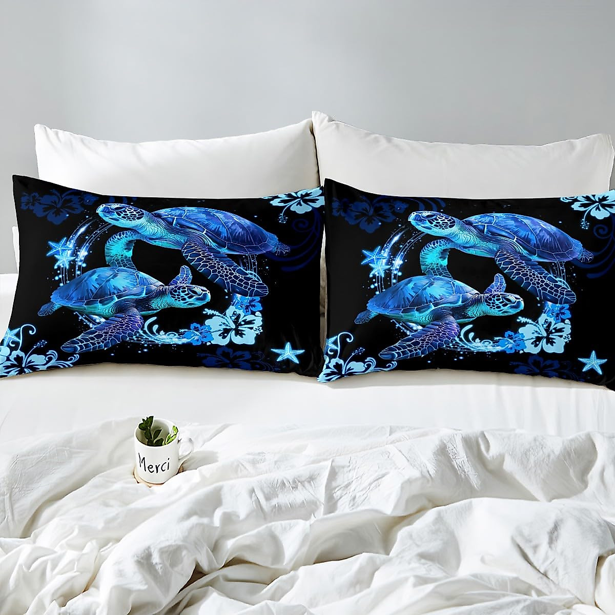 Manfei Sea Turtle Kids Duvet Cover Set Queen Size, Blue Flower Starfish Bedding Set for Boys Girls Adult Bedroom Decor, Marine Animal Theme Comforter Cover, Soft Polyester Quilt Cover, 2 Pillowcases