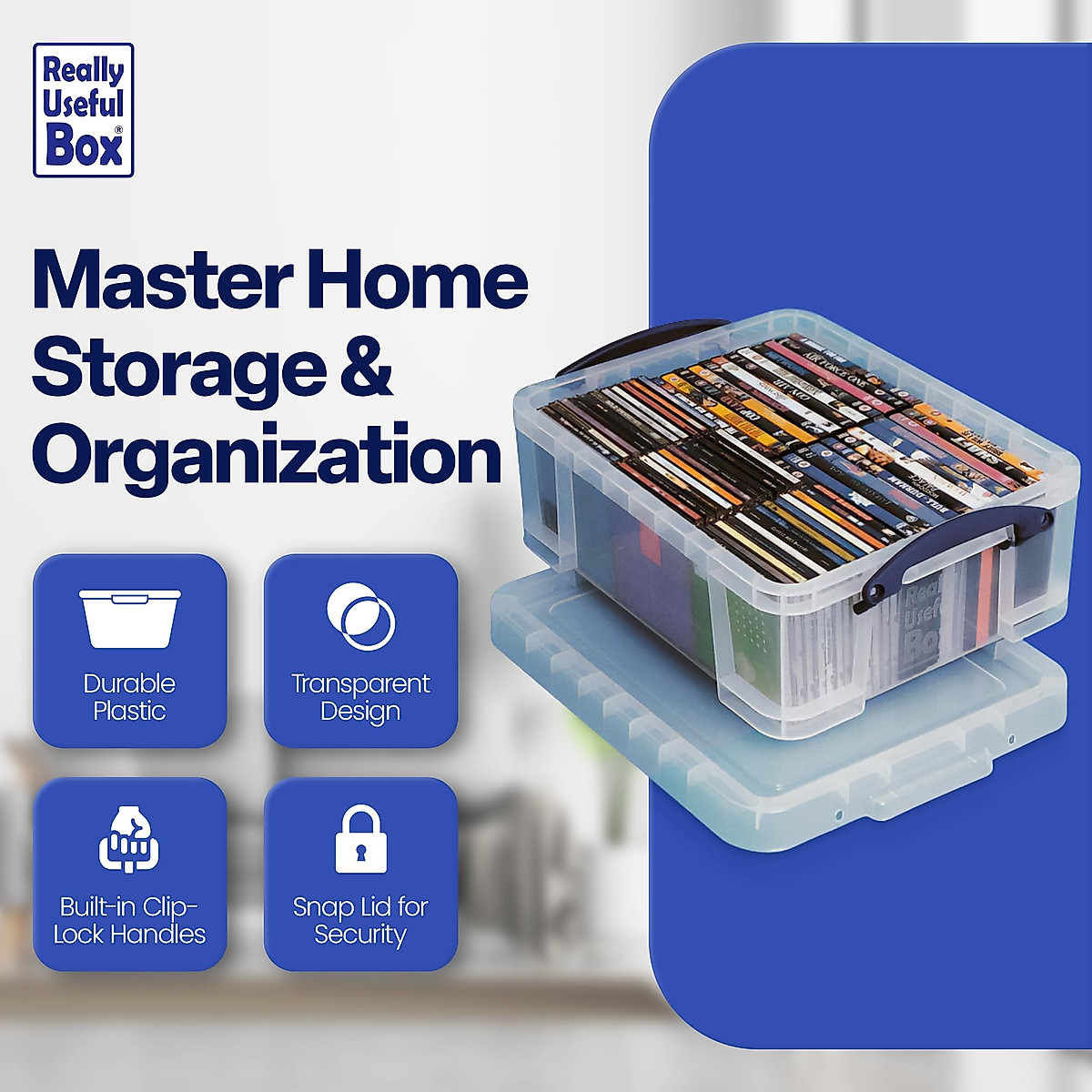Really Useful Box 17 Liter Plastic Stackable Storage Container with Snap Lid & Built-In Clip Lock Handles for Home or Office Organization, Clear