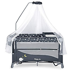 Heyo.Ja Portable Baby Playard, 4 in 1 Pack and Play, Baby Bedside Sleeper with Bassinet, Changing Table, Foldable Bassinet Bed with Luxury Mosquito Net for Boys Girls Infant(Gray)