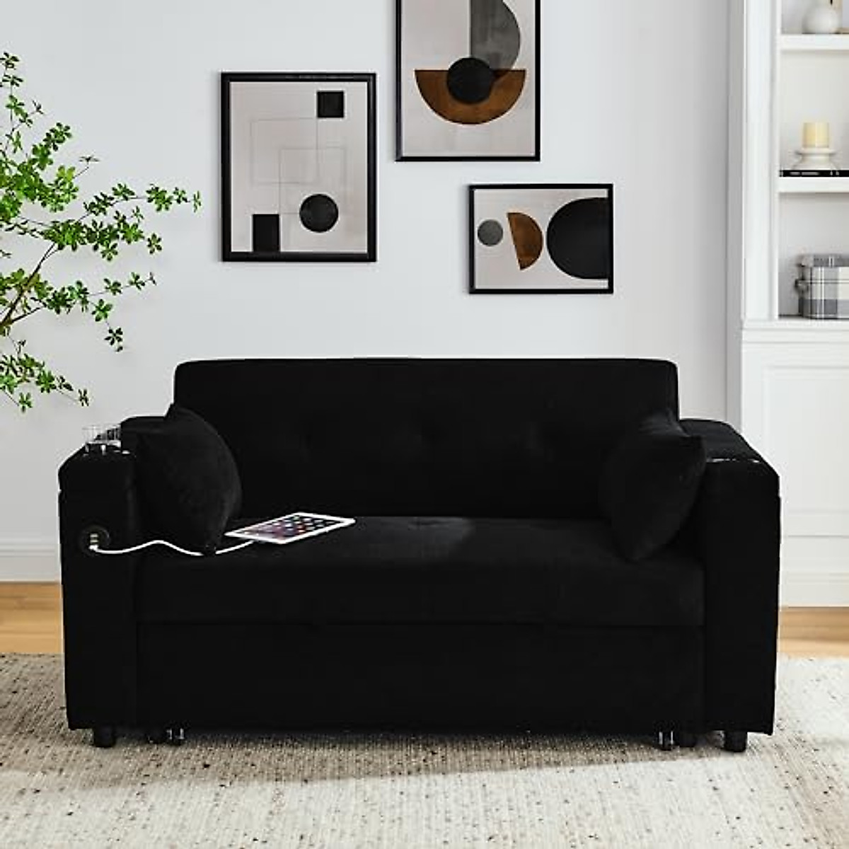 Convertible Pull Out Sleeper Sofa Bed Double Seat Recliner Futon Couch with Cupholders Armrests and Side Pockets, Adjustable Loveseat Chaise Lounge with USB Power Outlet and Lumbar Pillow for Office