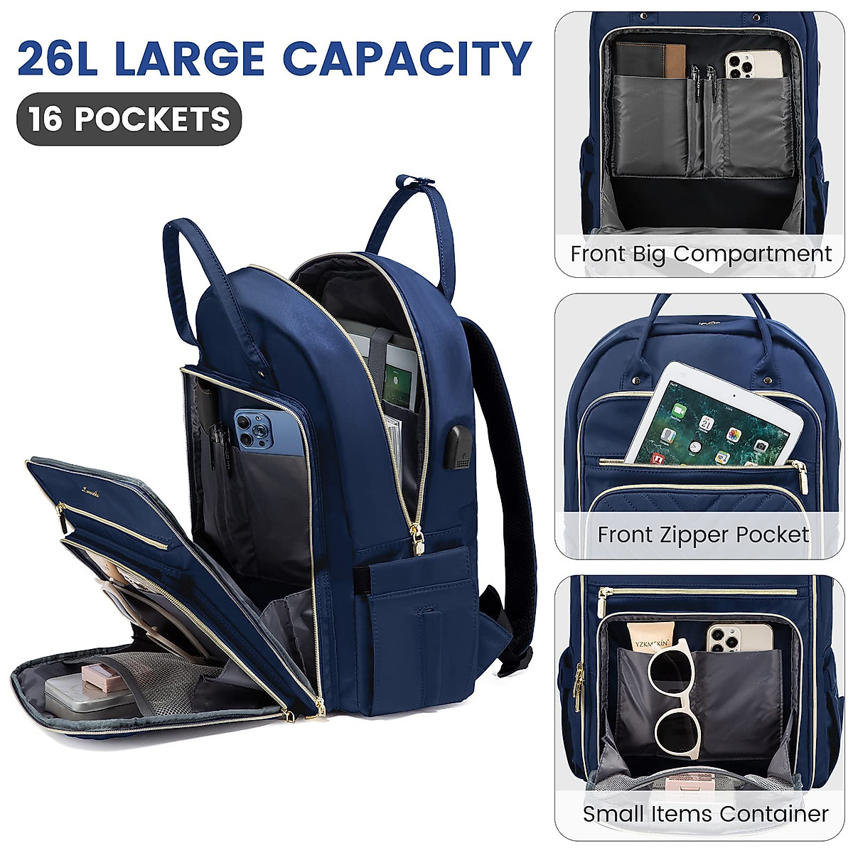 LOVEVOOK 15.6 Inch Laptop Backpack for Women,Fashion Work Travel Backpack,Waterproof Day Pack Purse for Teacher Nurse, Navy Blue.
