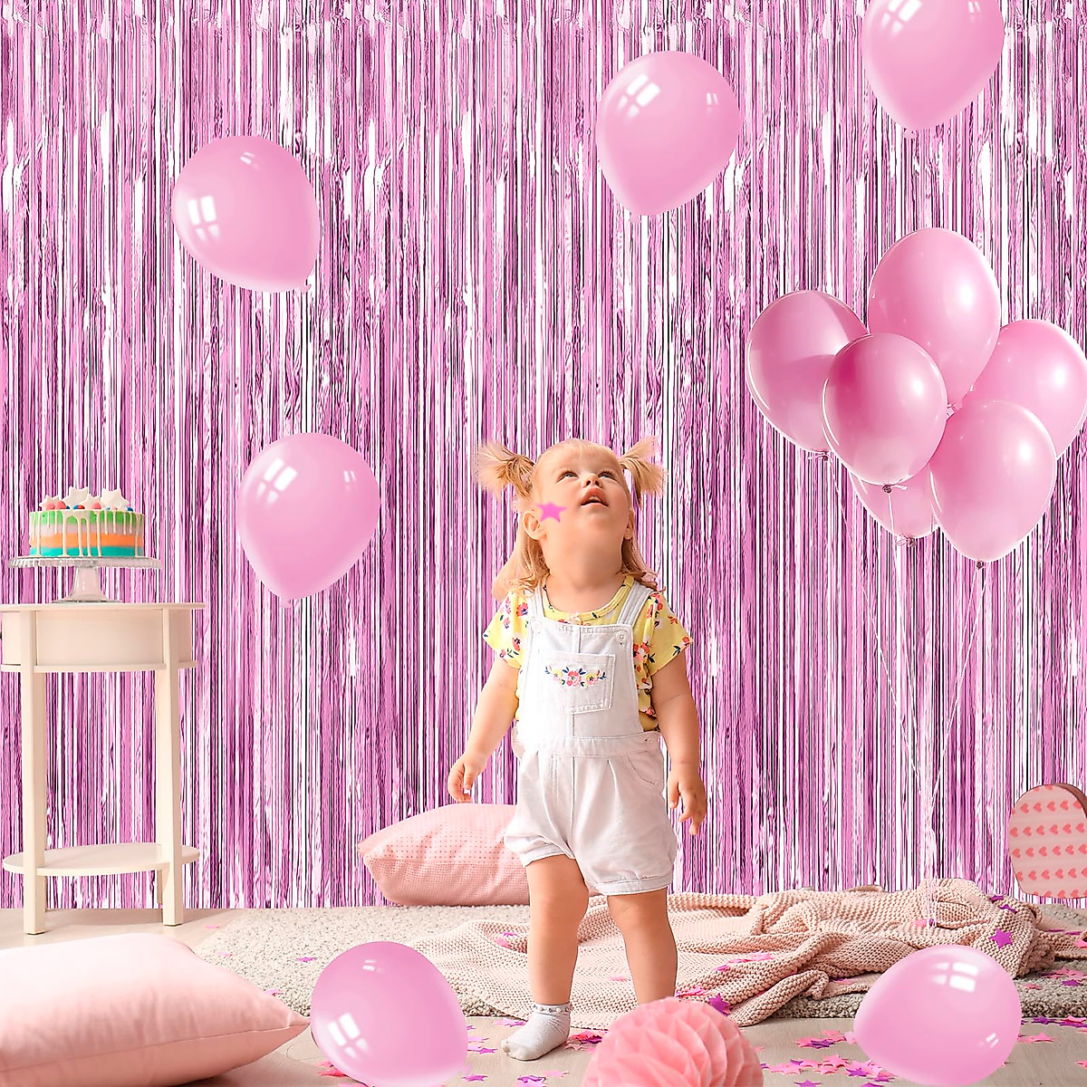 MEEZY 3Pack 3.2ft x 8.2ft Pink Foil Fringe Curtains Backdrop Metallic Foil Tinsel Streamers with Pink Balloons for Bachelorette Baby Shower Wedding Birthday Bridal Shower Party Decorations
