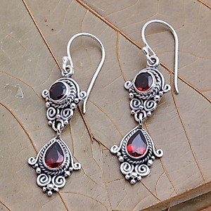 NOVICA Artisan Handmade Garnet Dangle Earrings Crafted .925 Sterling Silver Indonesia Gemstone Balinese Traditional 'Traditional Ways'