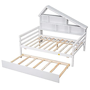 Woanke Full Size Daybed with Trundle and Shelves, Solid Wood Platform Bed Frame, House Bed for Kids Teens Girls Boys, No Box Spring Needed, White