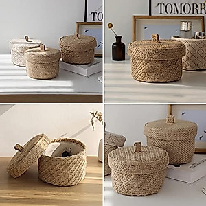 Pretty Comy Round Baskets with Lid, Decorative Linen Lidded Storage Baskets, Small Woven Basket for Organizing, 6.3 x 4.72 Inch