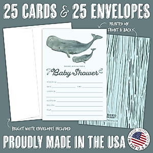 Koko Paper Co Whale Baby Shower Invitations | 25 Fill-in Invitations and Envelopes | Printed on Heavy Card Stock.