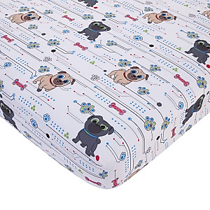 Disney Puppy Dog Pals Puppy Pals Fun White, Blue, & Green 2Piece Toddler Sheet Set - Fitted Bottom Sheet & Reversible Pillowcase, Blue, Green, Grey, White