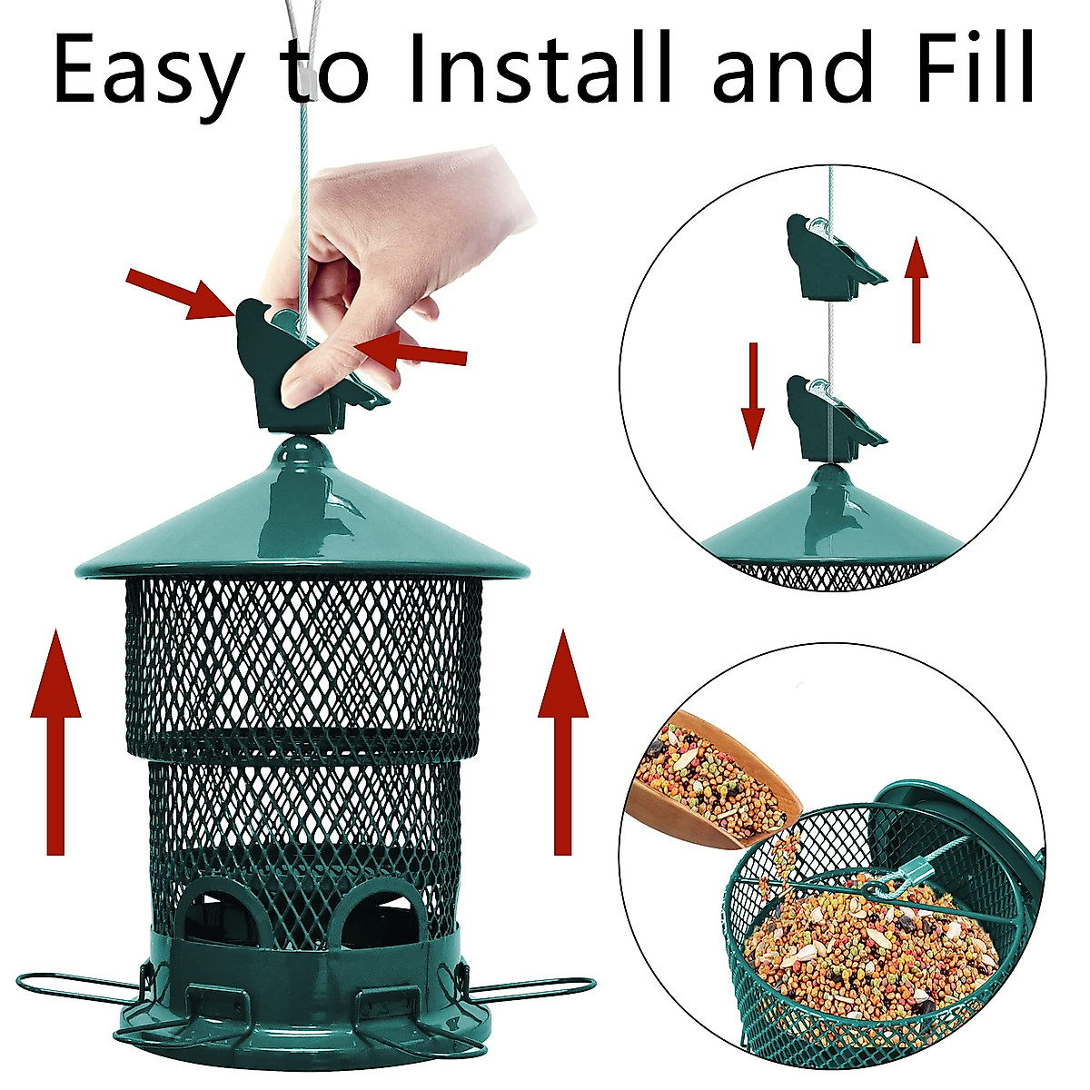 Bird Feeders for Outdoors Hanging, Way2Furn Wild Bird Feeder Squirrel Proof, Adjustable Metal Outside Feeder with 3.8 lbs Seed Large Capacity for Cardinal, Sparrow, Finch, Chickadee (Green)