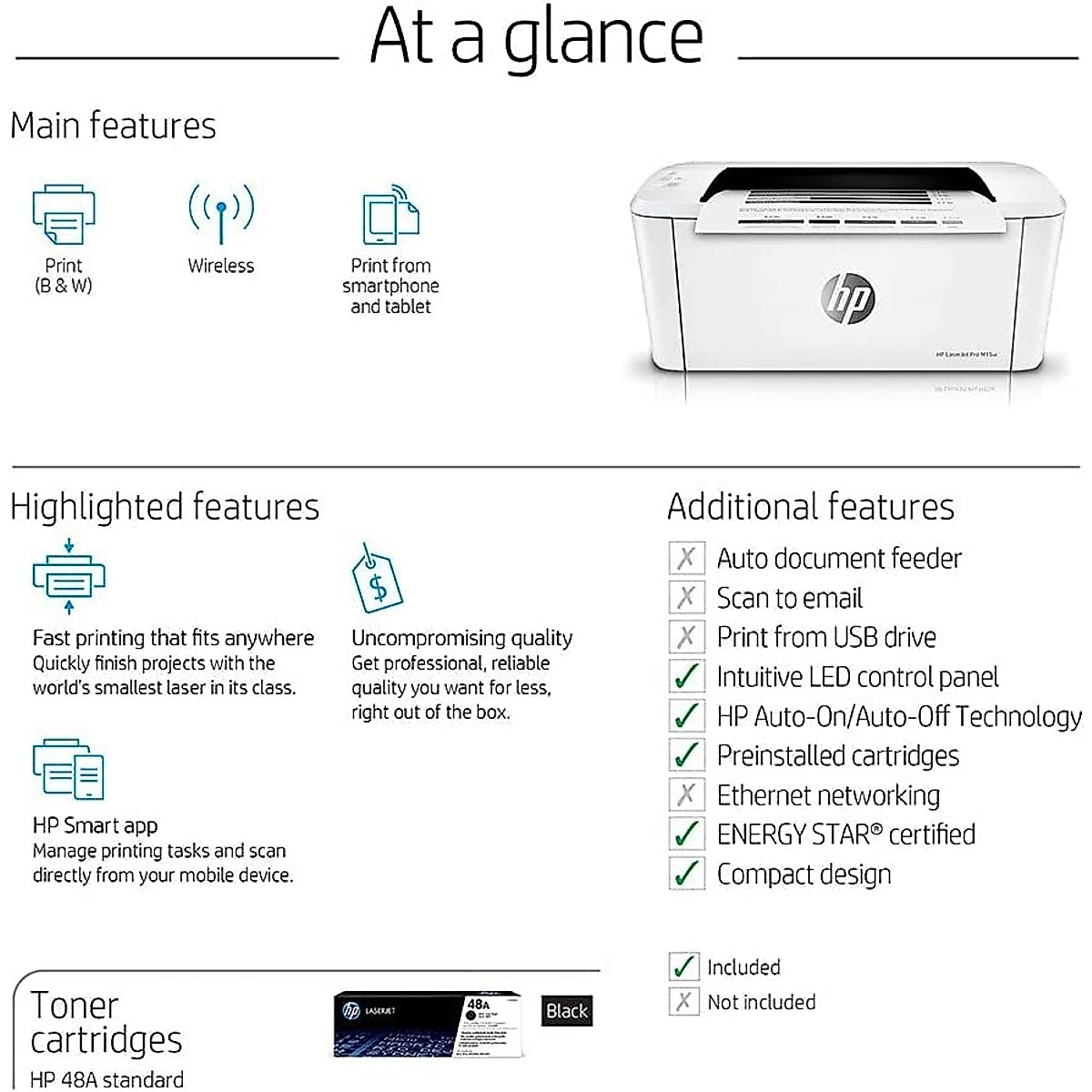 HP Laserjet Pro M15 w Single-Function Wireless Monochrome Laser Printer for Office - Print Only - 19 ppm, 600 x 600 dpi, 8.5" x 11" Letter, 150-sheet Capacity, Compatible with Alexa