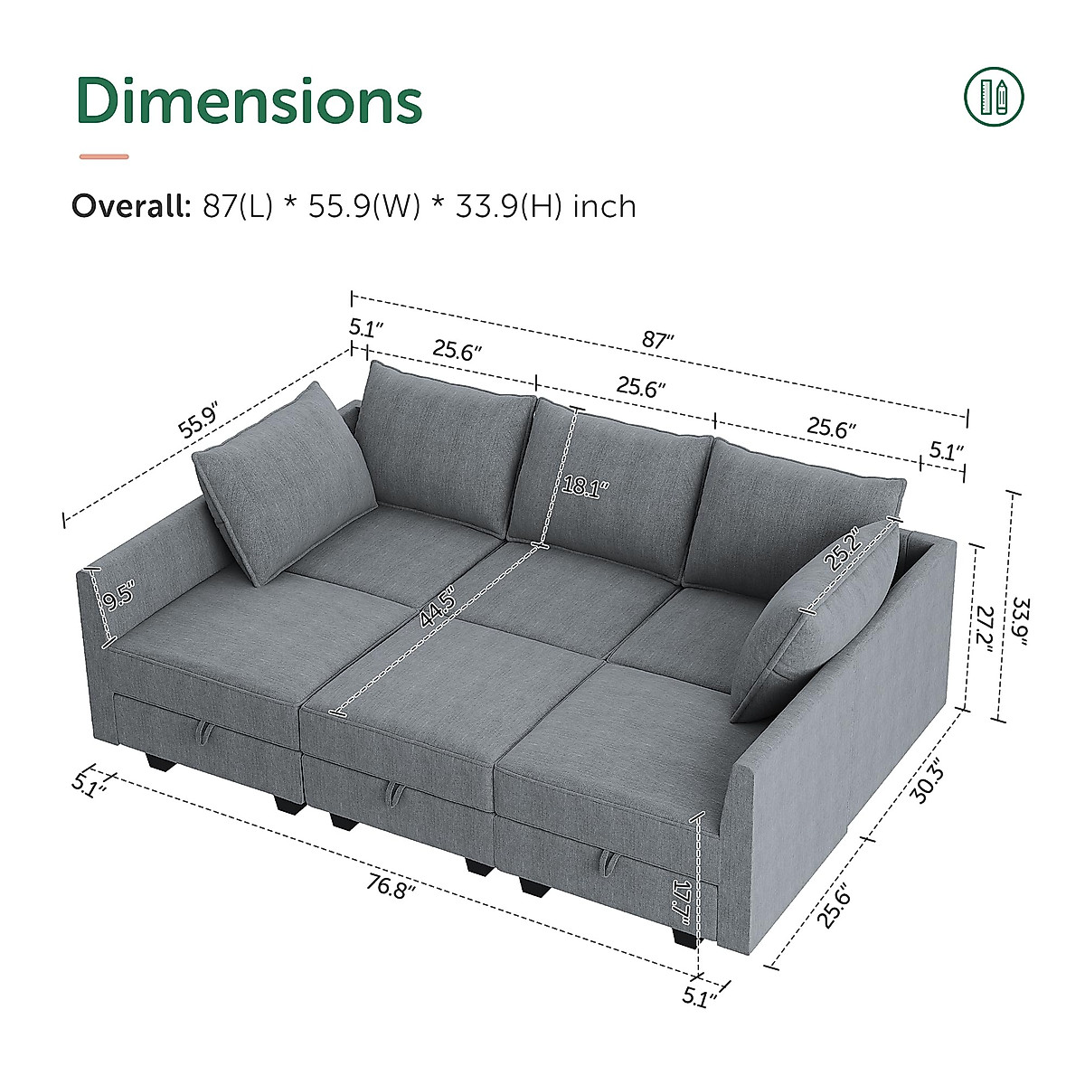 HONBAY Modular Sectional Sleeper Sofa with Storage U-Shape Modular Sectional Sofa with Ottomans Sleeper Sectional Couch for Living Room, Bluish Grey
