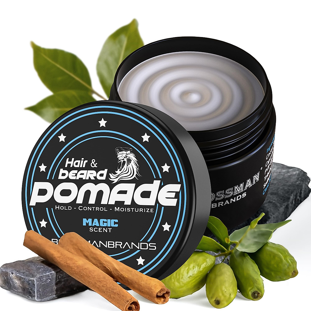 Bossman Hair & Beard Pomade - All Day Hold, Control and Moisturizing Hair, Beard and Moustache Styling Product - Natural Strong Hold Pomade - Made in USA (Magic Scent)