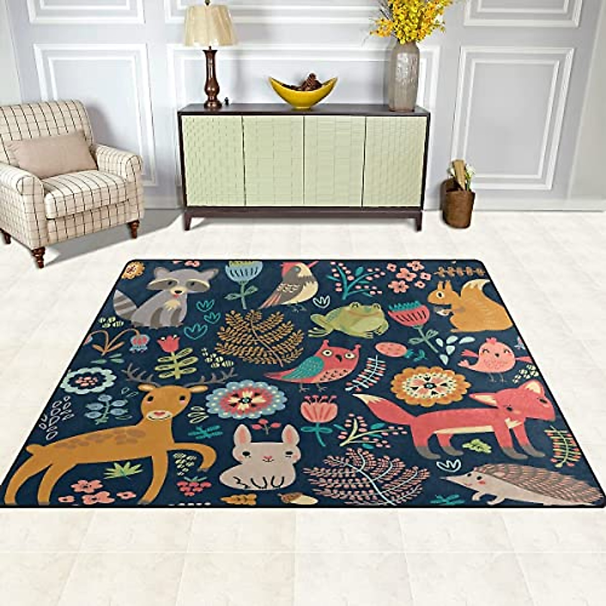 ALAZA Forest Owl Deer Hedgehog Fox Area Rug Rugs for Living Room Bedroom 7' x 5'