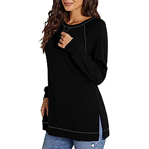 NILOUFO Womens Long Sleeve T Shirts Casual Blouses Trendy Tops Side Split Tunics(Black, X-Large)