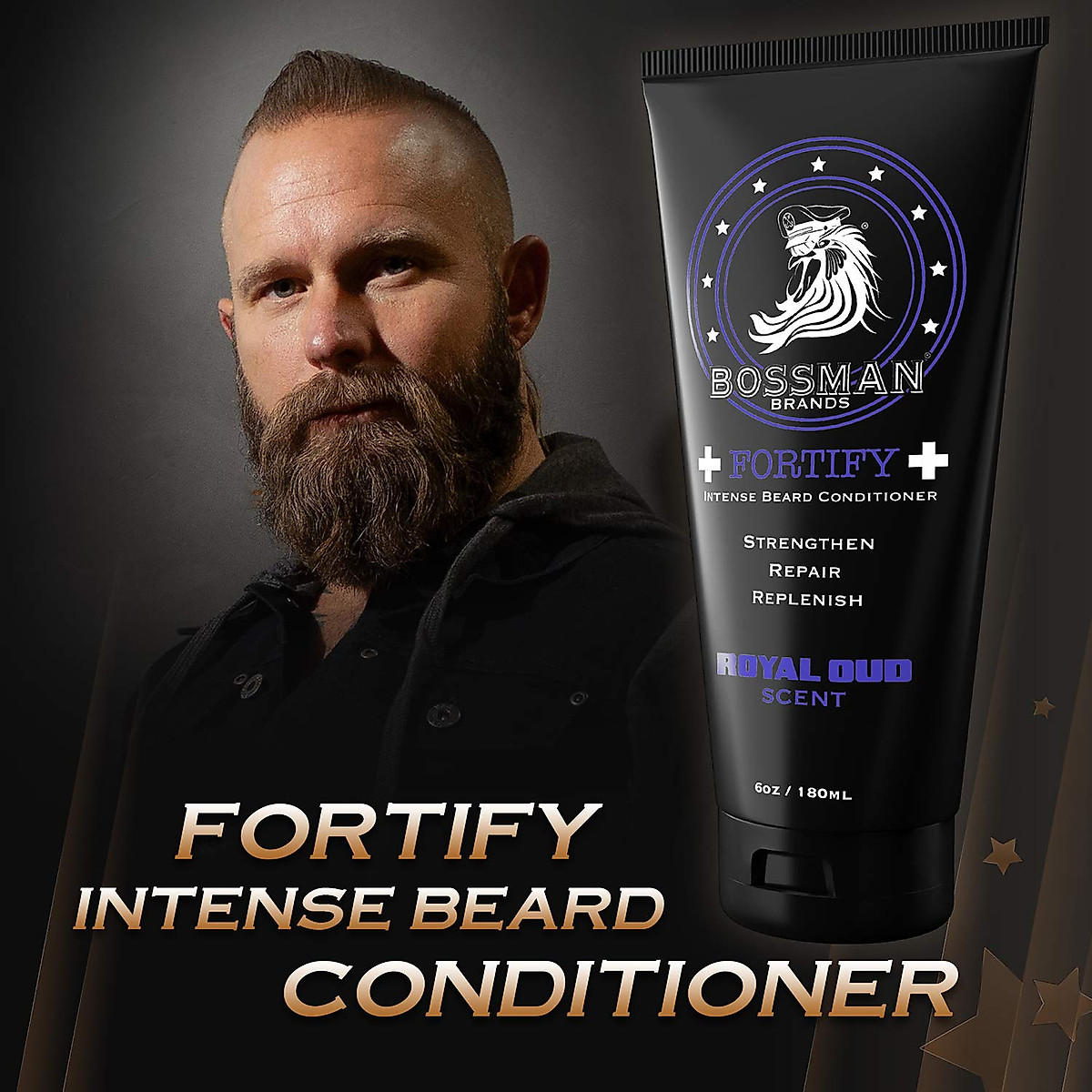 Bossman Fortify Intense Beard Conditioner - Shower Beard Wash - Beard Straightener for Men - Moisturizer and Beard Softener for Men - Beard Growth Products - Made in USA (Royal Oud Scent)
