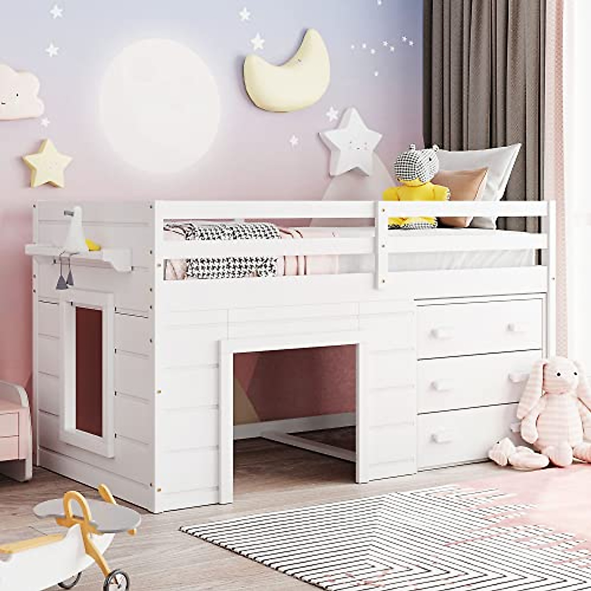 Harper & Bright Designs Low Loft Bed with Storage Drawers, Wood Twin Size Loft Bed with Cabinet, Shelf, Ladder, Safety Rail for Girls, Boys, Teen （White
