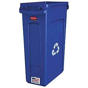 Rubbermaid Commercial Products Slim Jim Plastic Rectangular Recycling Bin with Venting Channels, 23 Gallon, Blue Recycling (FG354007BLUE)