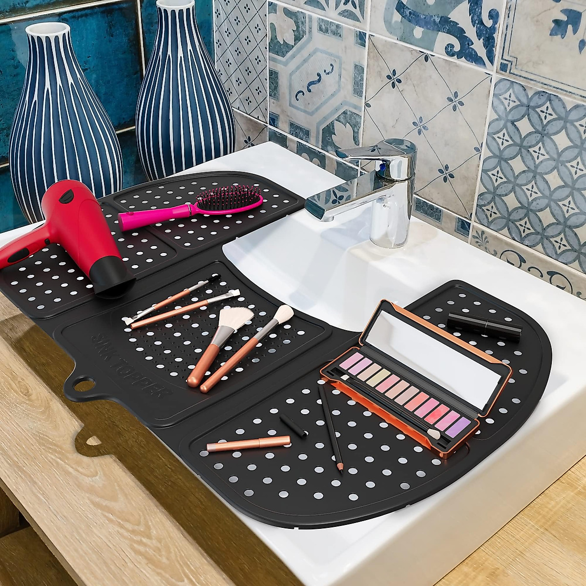 Sink Topper, Foldable Bathroom Sink Cover for Counter Space. Makeup Organizer Mat and Must Have Bathroom Gadget. Standard, Black.