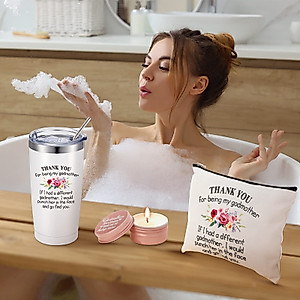 Novel Godmother Gift Set, Thanks for Being My Godmother Spa Tumbler Relaxation Basket Including 20 Oz Insulated Vacuum Mug Tumbler with Lid Straw Brush Godmother Keychain Makeup Bag (Flower)