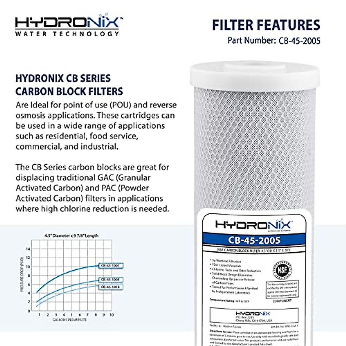 Hydronix CB-45-2005 Whole House, Commercial & Industrial NSF Coconut Carbon Block Water Filter, 4.5" x 20" - 5 Micron
