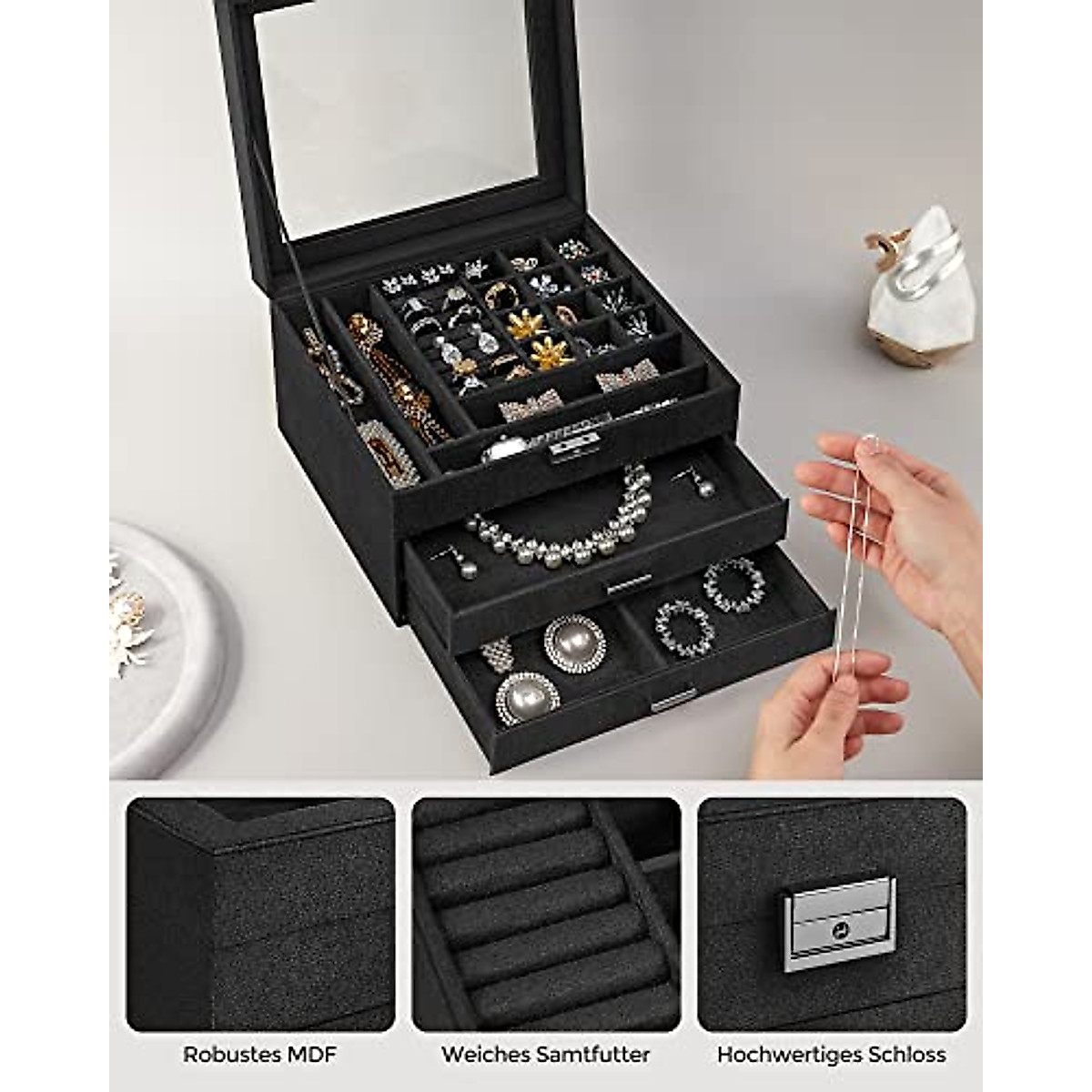SONGMICS Jewelry Box, Lockable Jewelry Storage Organizer, Jewelry Case with Glass Window, for Rings, Earrings, Studs, Bracelets, Necklaces, Black UJBC158B01