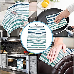 LUSWEET Kitchen Towels Wave Stripe Blue Green Soft Cotton Reusable Absorbent Cleaning Kitchen Dish Towels for Kitchen Cleaning,Dishwashing,Kitchen,Bathroom,18X28 Inch, 3 Pack