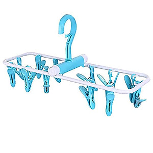 Foldable Clip Hanger Drying Rack, Laundry Clip Hanger, Foldable Clip Hanger, Windproof Hanger, Foldable Windproof Underwear and Sock Hanger with 12 Clips for Home - Plastic Drying Clip Rack(Blue)