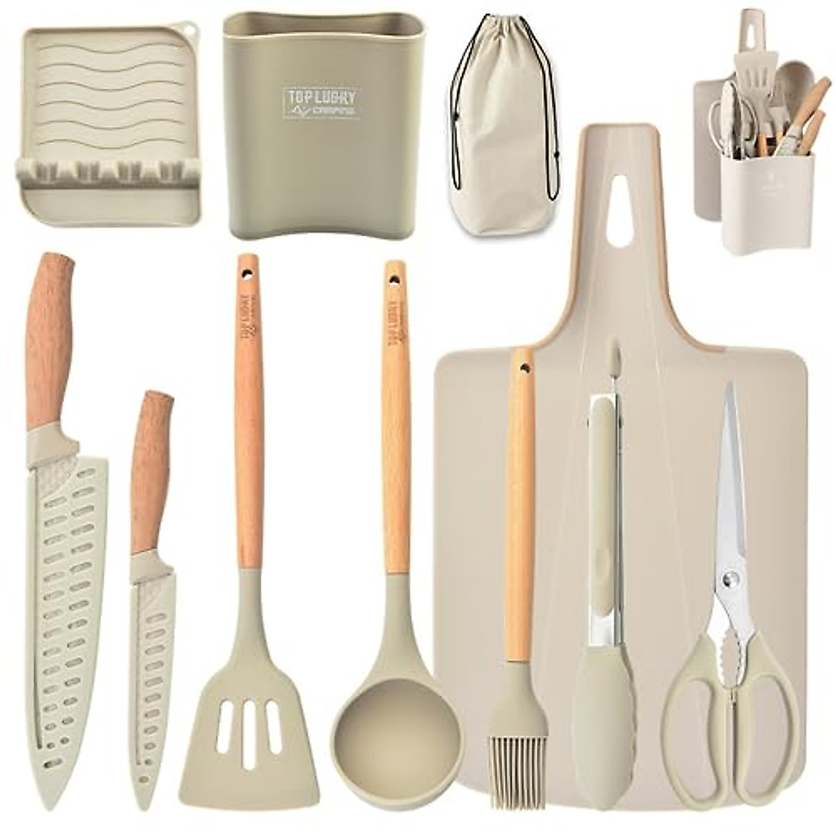 Kitchen Utensils Set-Cooking Utensils Set, 13-in-1 Kitchen Set with 8 Pieces Cooking Utensils+5 Pieces Knife Set with Block, Kitchen Utensils Non Stick and Heat Resistant Large Silicone Spatula, Khaki