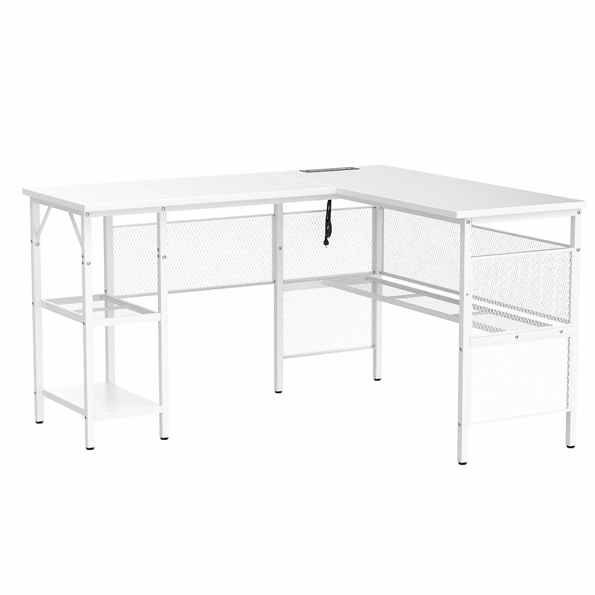 Unikito Magic Portable 4 Outlets L Shaped Desk, Reversible 55 Inch L-Shaped Computer Desk with Storage Shelf and USB Charging Port, Unique Grid Design, Large Gaming Corner Table for Home Office, White
