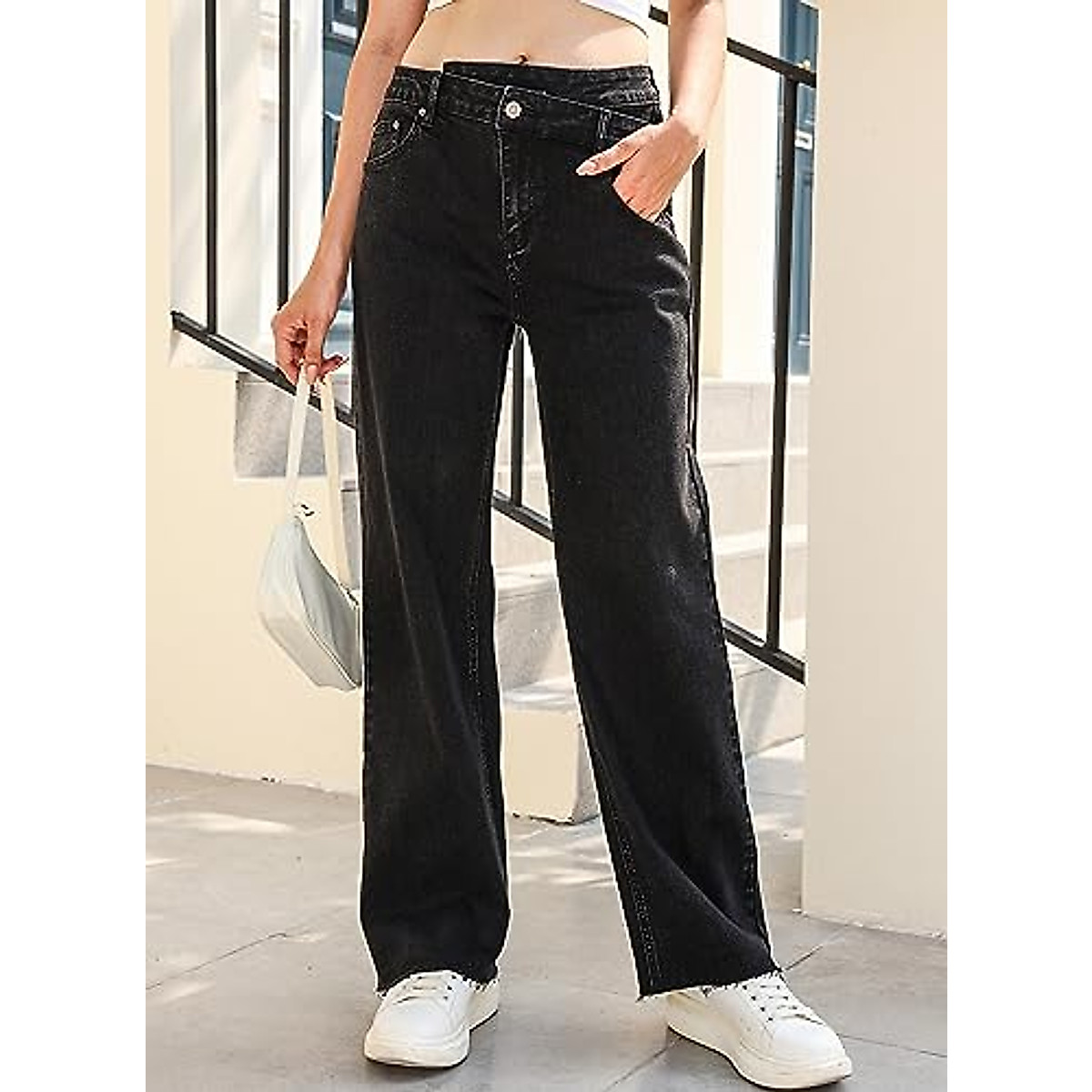 Astylish Black Jeans for Women Mid Waisted Baggy Boyfriend Mom Wide Leg Denim Pants Black Size 16