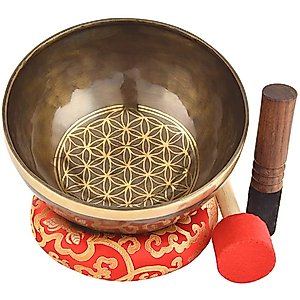 Himalayan Singing Bowl Set — 100% Handmade 8" Meditation Sound Bowl Handcrafted in Nepal with Mallet Striker & Cushion for Spiritual Healing, Mindfulness, Yoga & Relaxation, Flower of Life