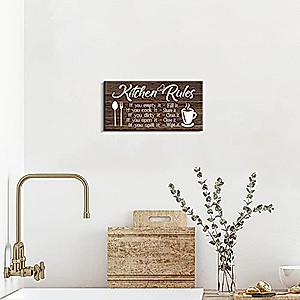 Pinetree Art Kitchen Rules Wall Decor Rustic Farmhouse Funny Kitchen Quote Wood Wall Sign Modern Home Wooden Signs for Kitchen Decoration (6" X 11.5", brown)