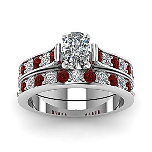 CustomizedGifts Cathedral Pave Diamond Bridal Set 925 Sterling Silver Created Ruby Cushion Shape Red Color Wedding Ring Sets Pave Setting in Size 7 Party Wear Daily Wear Ornament