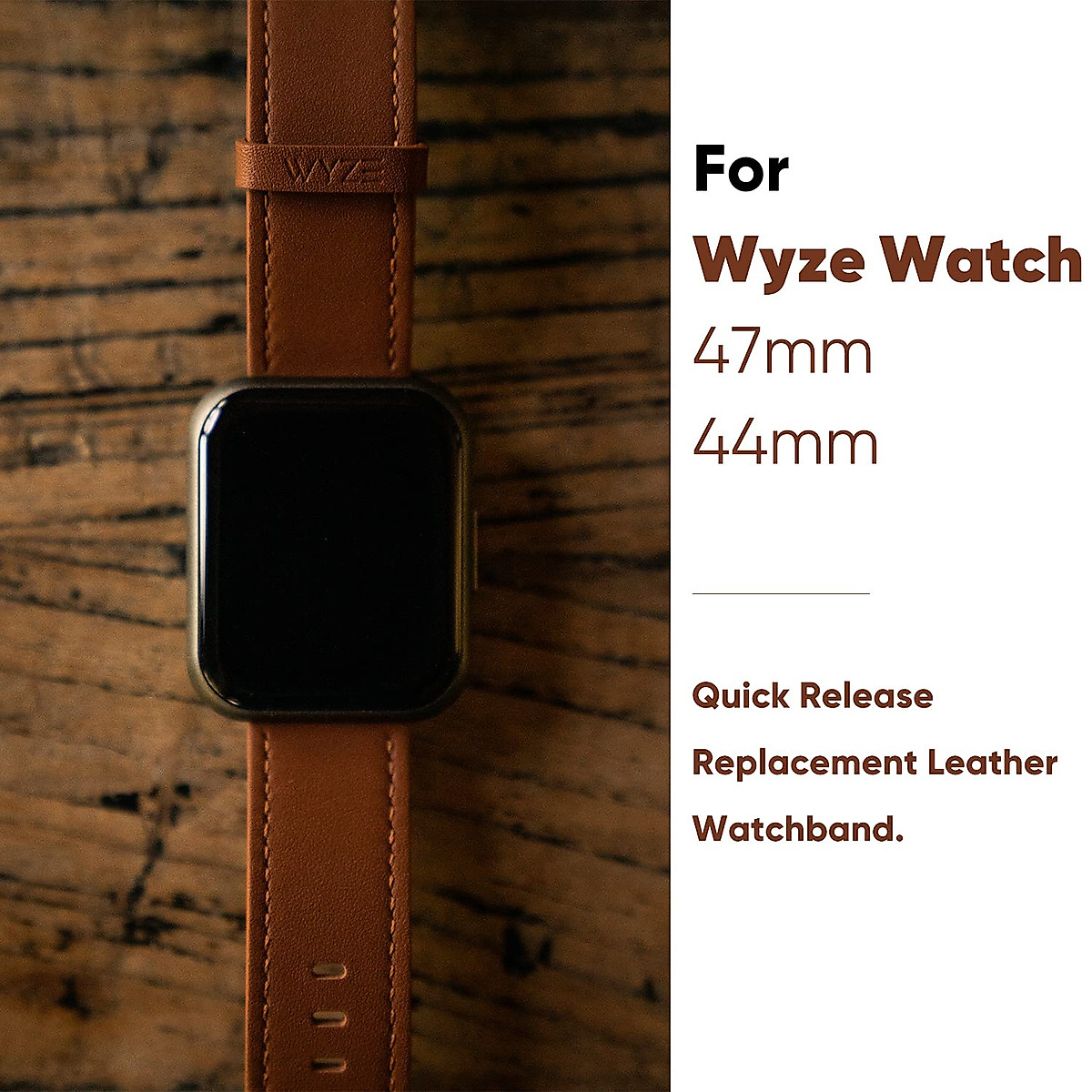 WYZE Watch Replacement Leather Bands Compatible Smart Watch 47mm, 47mm C, 44mm, Quick Release Genuine Leather Watch Strap for Women and Men, Classic Brown