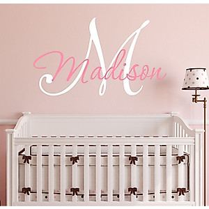 Decor Designs Decals Baby Girls Personalized Custom Nursery Name and White Initial Wall Decal Sticker Kids Bedroom Decor (Choose Your Size), Plus Free Hello Door Decal (White Initial)