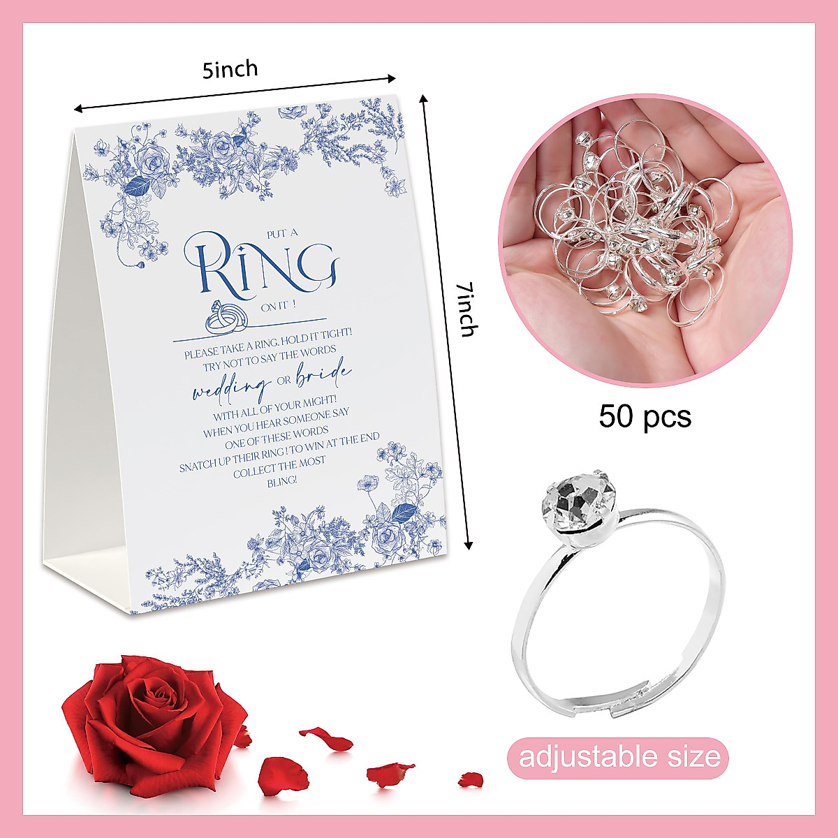 Put A Ring on It Game(50 Rings with One Sign), Don't Say Wedding or Bride Game, Fun Bridal Shower Game, Bridal Shower Decorations Blue Floral-JZDS05
