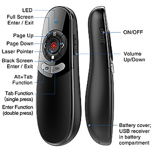 DINOSTRIKE 2 in 1 Type C and USB Presentation Clicker for Powerpoint Presentations,RF 2.4GHz Wireless Presenter Remote Slide Advancer with Volume Control for Mac Laptop Computer Office Classroom