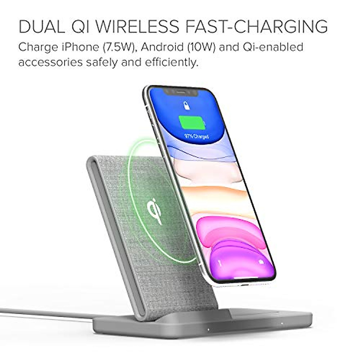 iOttie iON Wireless Duo 10W Stand + 10W Pad Qi-Certified Charger Compatible with iPhone and Samsung Galaxy | Includes Power Cable & Adapter | Light Grey